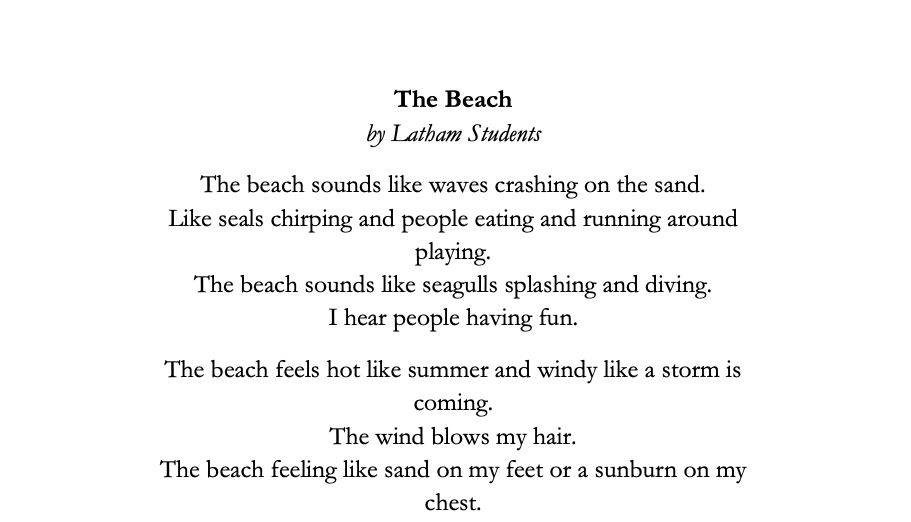 Sharing Latham students’ collaborative poetry, “The Beach” - Latham Centers